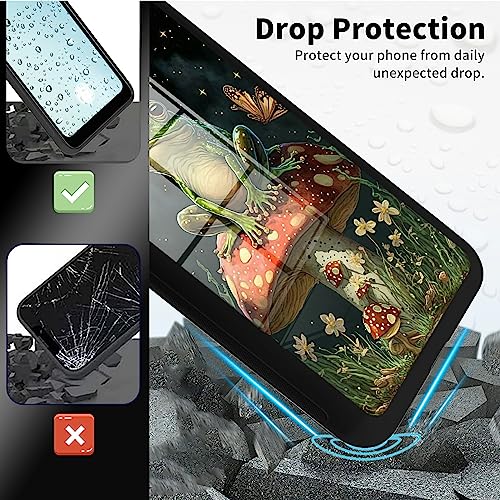 Galaxy A14 5G Phone Case for Samsung Galaxy A14 5G Case Tempered Glass Black Cover with Mushroom Frog Design for Women Men Anti-Scratch Shockproof Protection Case for Samsung A14 5G 2023 6.6 inch