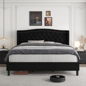 hostack queen size bed frame, modern upholstered platform bed with wingback headboard, heavy duty button tufted bed frame with wood slat support, easy assembly, no box spring needed(black, queen)