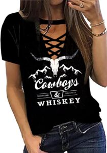 cowboy whiskey criss-cross hollow out t-shirt women western country music shirt vintage cowgril short sleeve tops(as shown-003,xl)