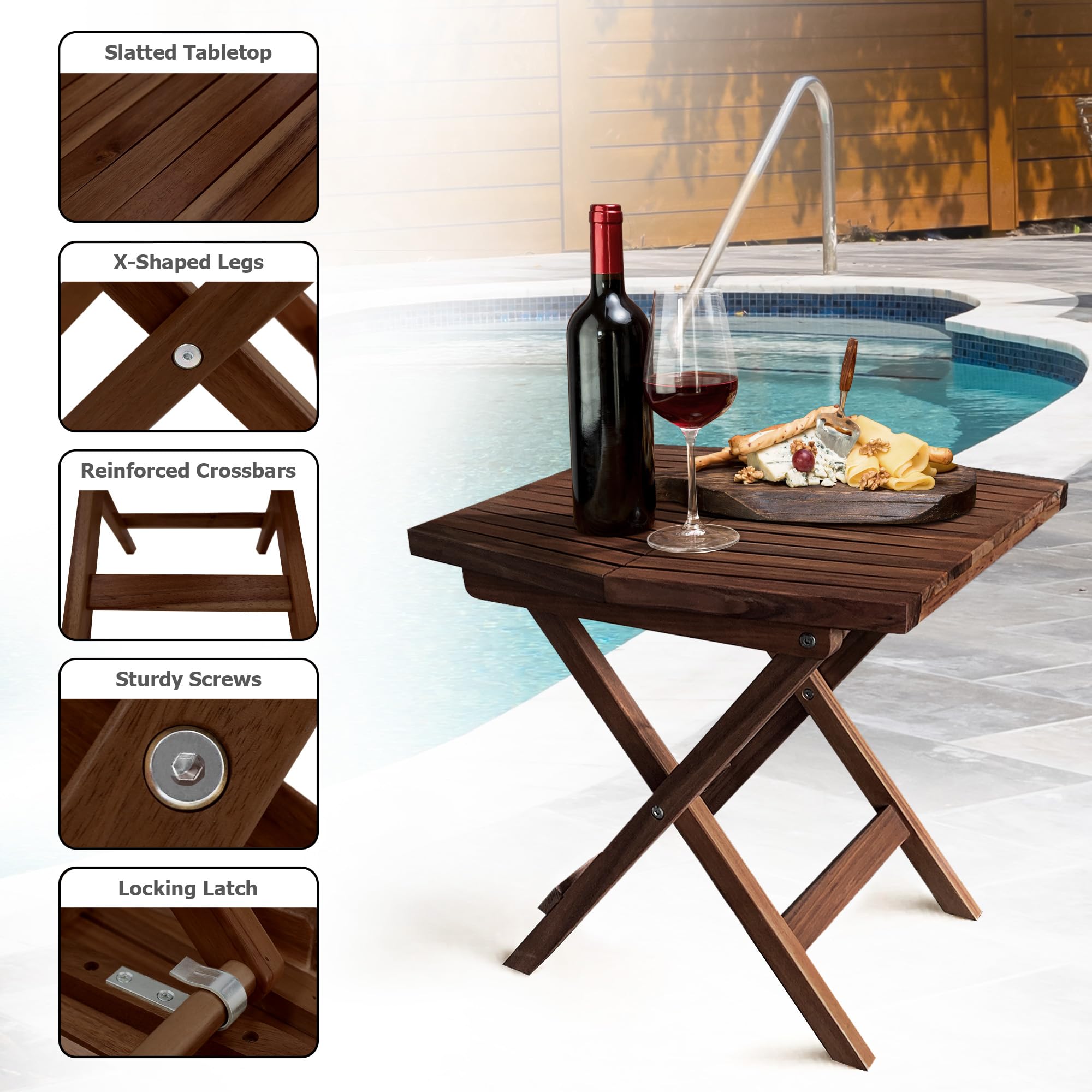 Melino Wooden Folding Table, Acacia Wooden Small Table for Indoor and Outdoor uses, Weather Resistant and Fully Assembled (Chestnut)