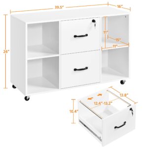 Yaheetech White File Cabinet Mobile Letter Size File Cabinet with 2 Drawers and 4 Open Storage Shelves Large Mobile Lateral Filing Cabinet Printer Stand for Home and Office