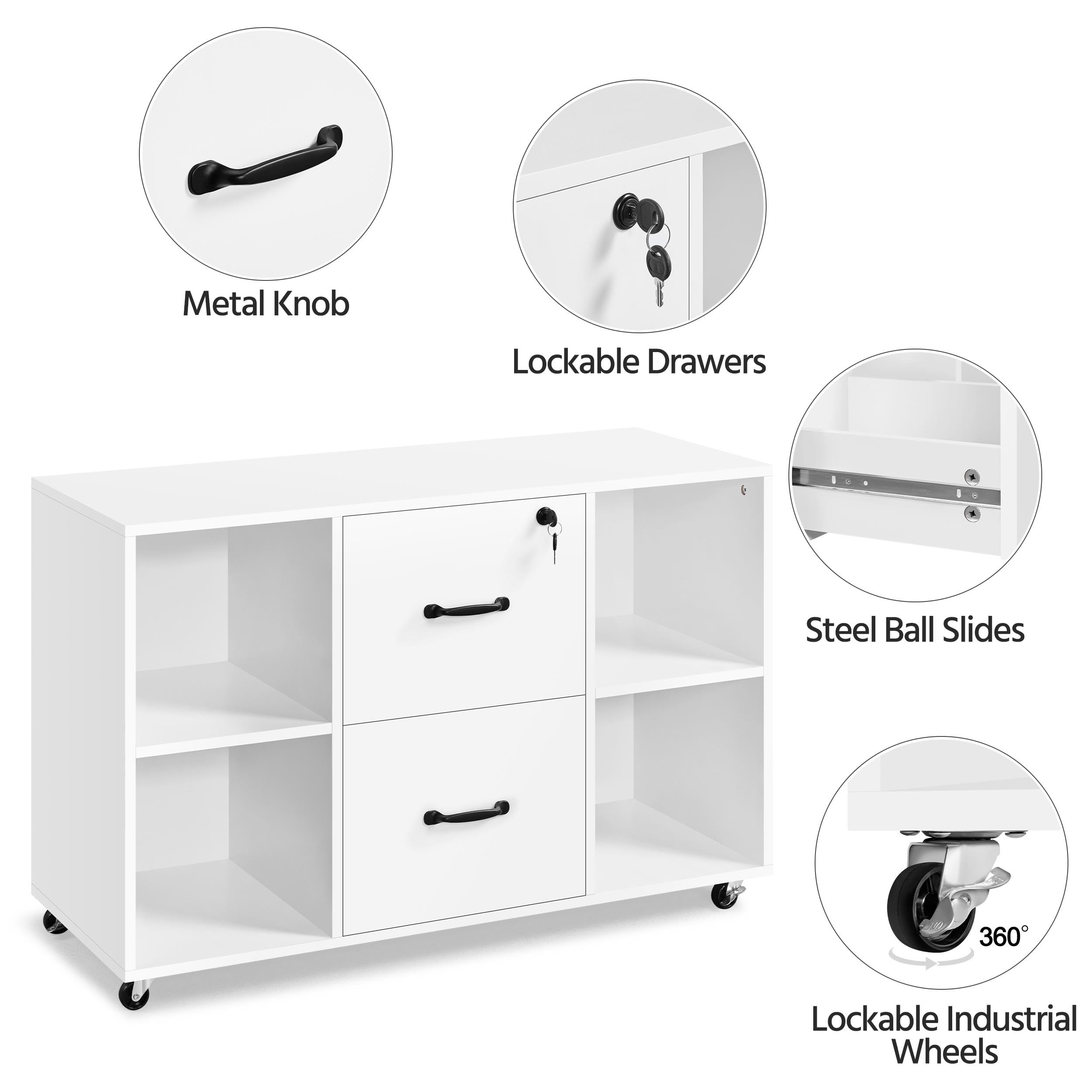 Yaheetech White File Cabinet Mobile Letter Size File Cabinet with 2 Drawers and 4 Open Storage Shelves Large Mobile Lateral Filing Cabinet Printer Stand for Home and Office