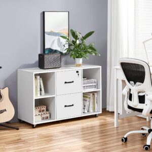 Yaheetech White File Cabinet Mobile Letter Size File Cabinet with 2 Drawers and 4 Open Storage Shelves Large Mobile Lateral Filing Cabinet Printer Stand for Home and Office