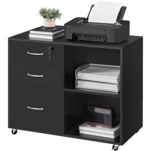 yaheetech black file cabinet with lock for letter, a4 size,3 drawer lateral filing cabinet printer stand with open storage compartments,mobile filing cabinet for home office, black