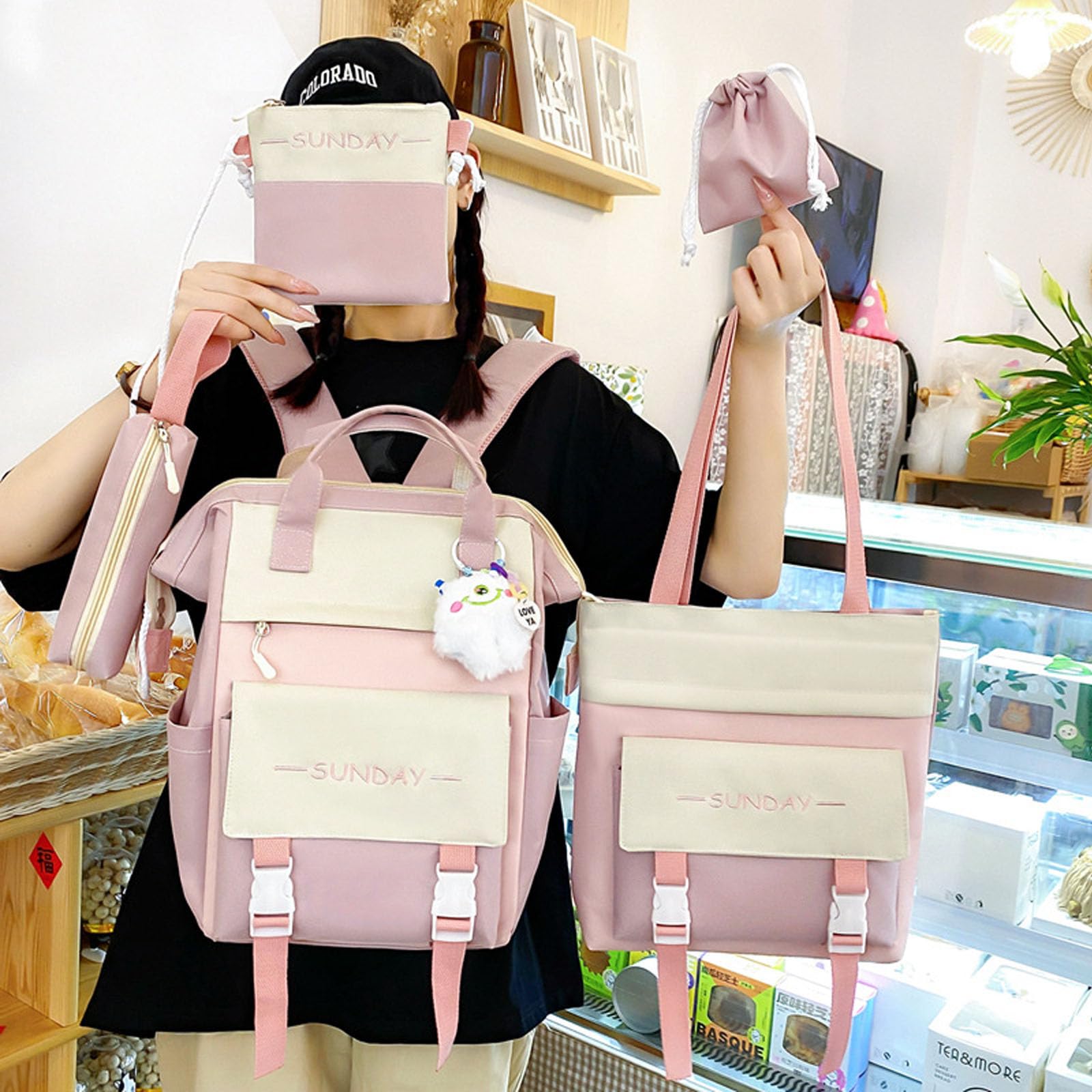 Tenbip 5Pcs Kawaii Backpack Cute Backpack Aesthetic Backpack Preppy Backpack Set Kawaii School Supplies with Accessories (Pink)