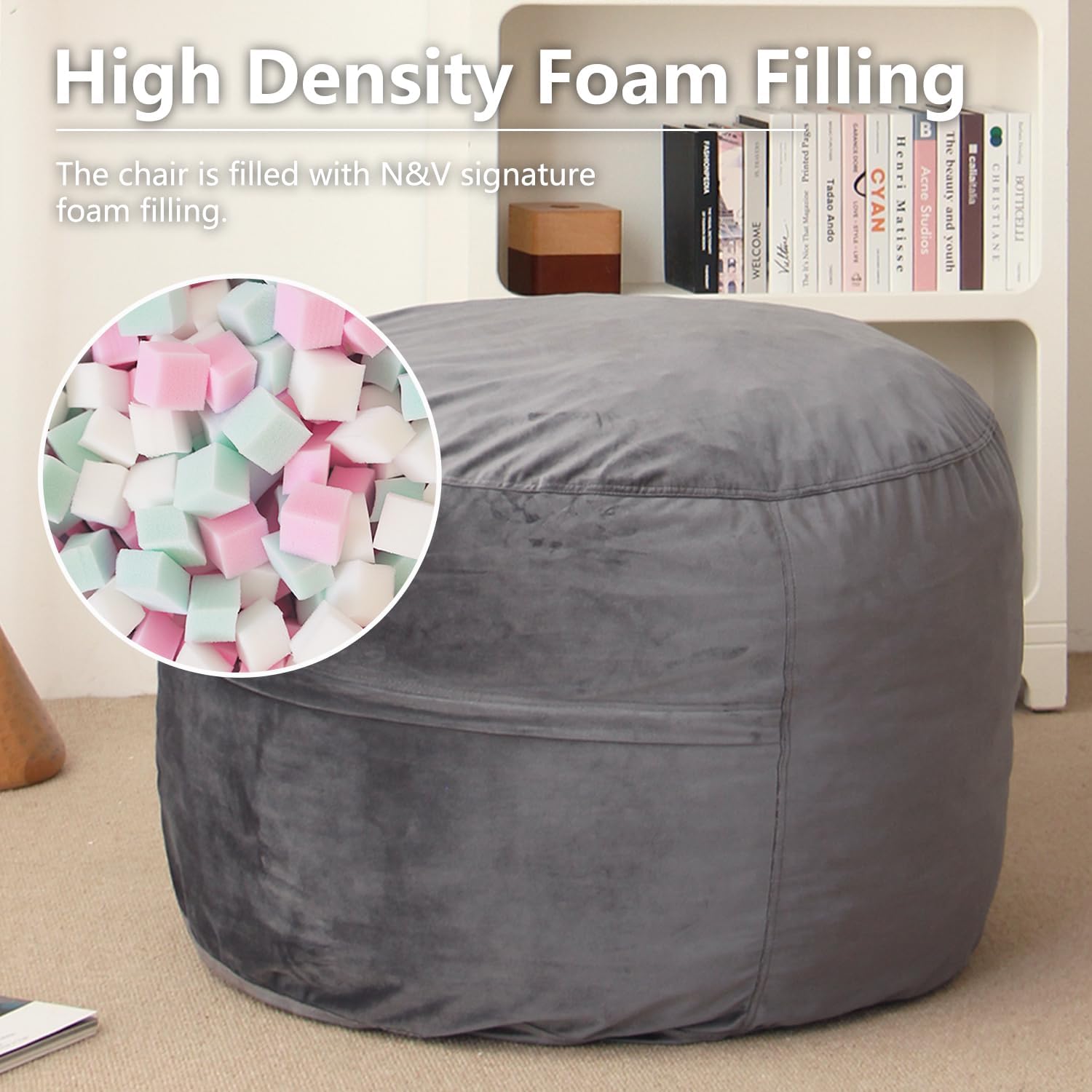 N&V Bean Bag Chair: 3' Memory Foam Furniture Bean Bag for Teens, Adults with Machine Washable Covers (Gery)