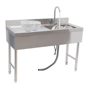 freestanding stainless steel sink, commercial restaurant sink w/faucet & drainboard for cafe, bar, hotel, garage, laundry room w/workbench & storage shelves indoor outdoor