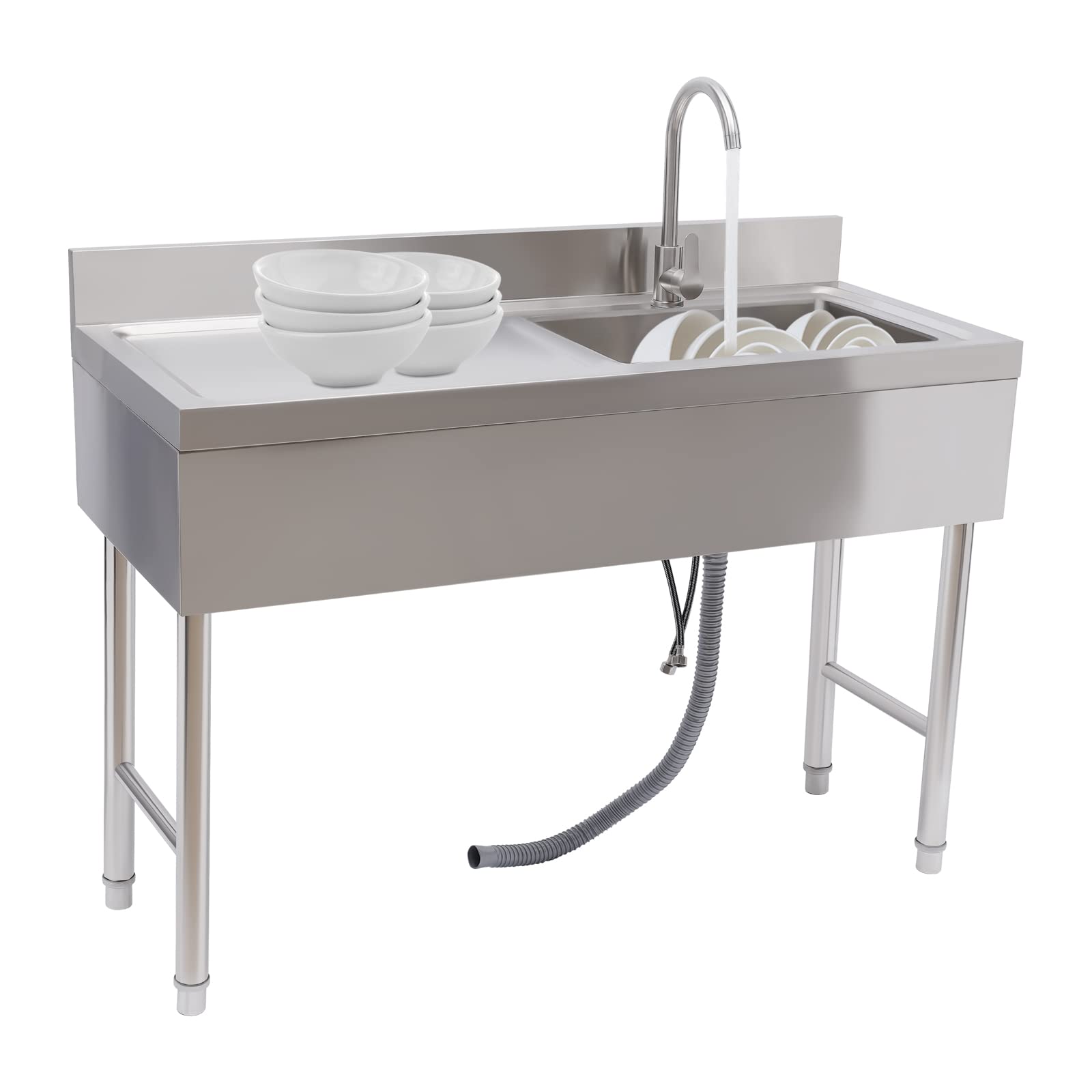 Freestanding Stainless Steel Sink, Commercial Restaurant Sink w/Faucet & Drainboard for Cafe, Bar, Hotel, Garage, Laundry Room w/Workbench & Storage Shelves Indoor Outdoor