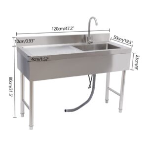 Freestanding Stainless Steel Sink, Commercial Restaurant Sink w/Faucet & Drainboard for Cafe, Bar, Hotel, Garage, Laundry Room w/Workbench & Storage Shelves Indoor Outdoor