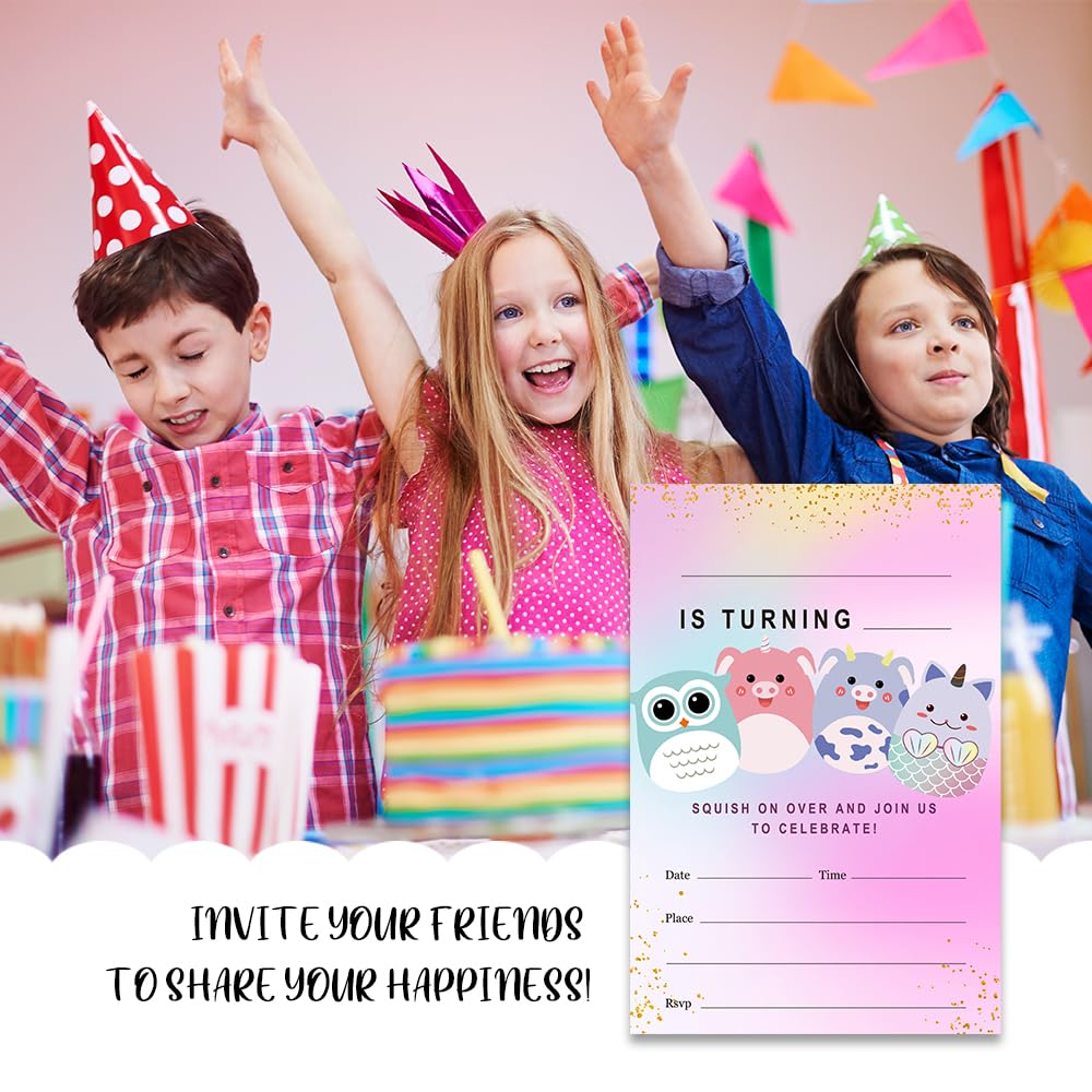 Squish Birthday Invitation Cards with Envelopes Pack of 20 (4" X 6") - Party Invitations for Boys, Girls, Kids, Teens - Squish On Over And Join Us To Celebrate - Squish Party Favors Decorations and