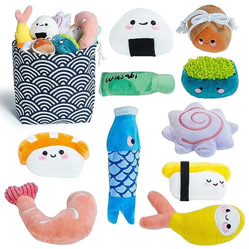 Nocciola 10 PCS Sushi Small Dog Toys to Keep Them Busy, Cute Stuffed Puppy Toys with Bag, Plush Dog Squeaky Toy for Small to Medium Dog, Doggie Birthday Gifts