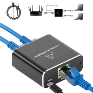 pushua ethernet splitter 1 to 2 high speed 1000mbps, gigabit ethernet splitter, lan splitter with usb power cable, rj45 splitter for cat5/5e/6/7/8 cable(2 devices simultaneously networking)