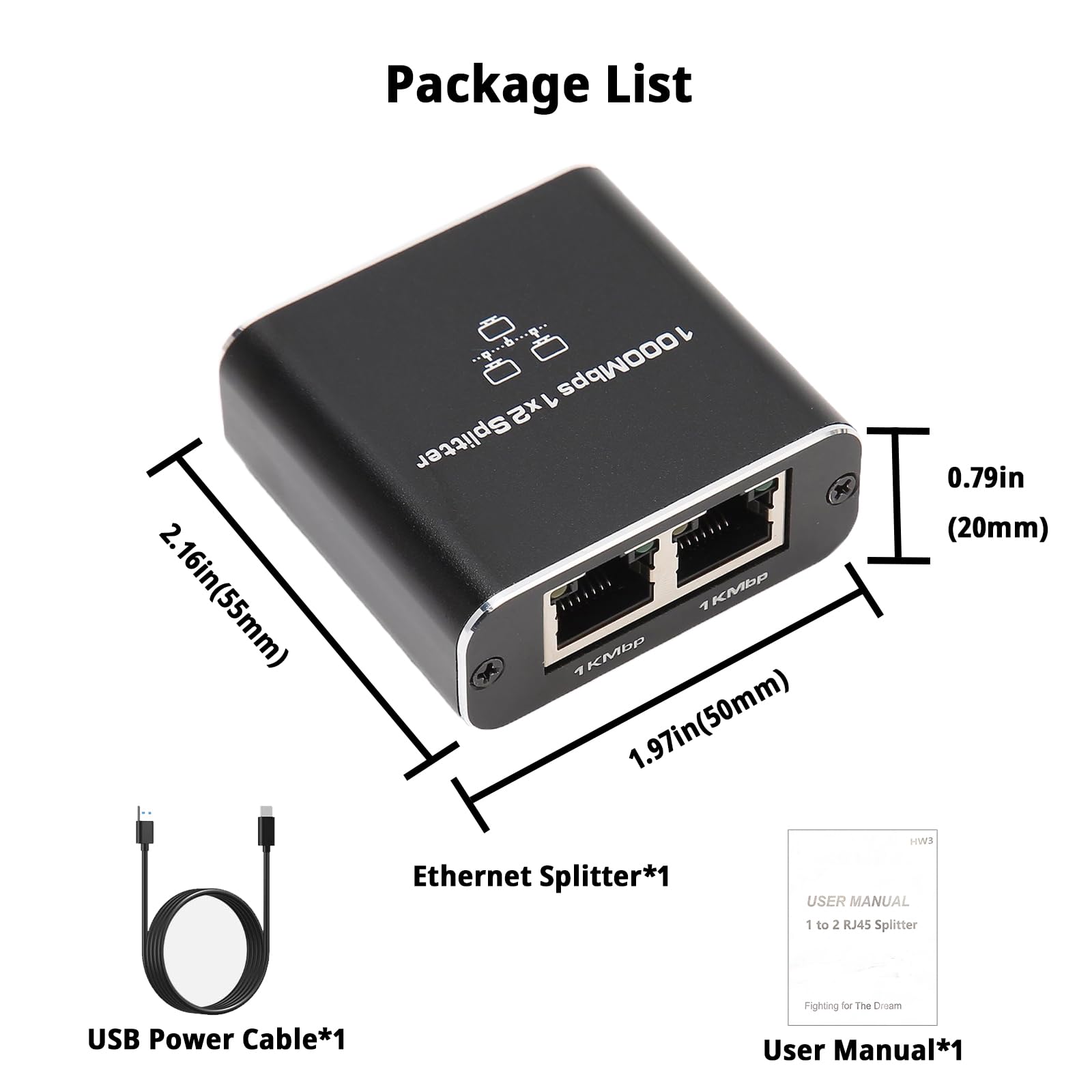 Pushua Ethernet Splitter 1 to 2 High Speed 1000Mbps, Gigabit Ethernet Splitter, LAN Splitter with USB Power Cable, RJ45 Splitter for Cat5/5e/6/7/8 Cable(2 Devices Simultaneously Networking)