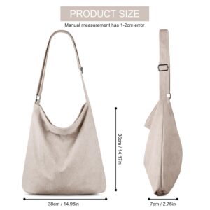 Kememo Corduroy Hobo Bag Crossbody Tote Bag with Zipper, Large Capacity Shoulder Bag Handbags Shopping Bag for Women, Beige