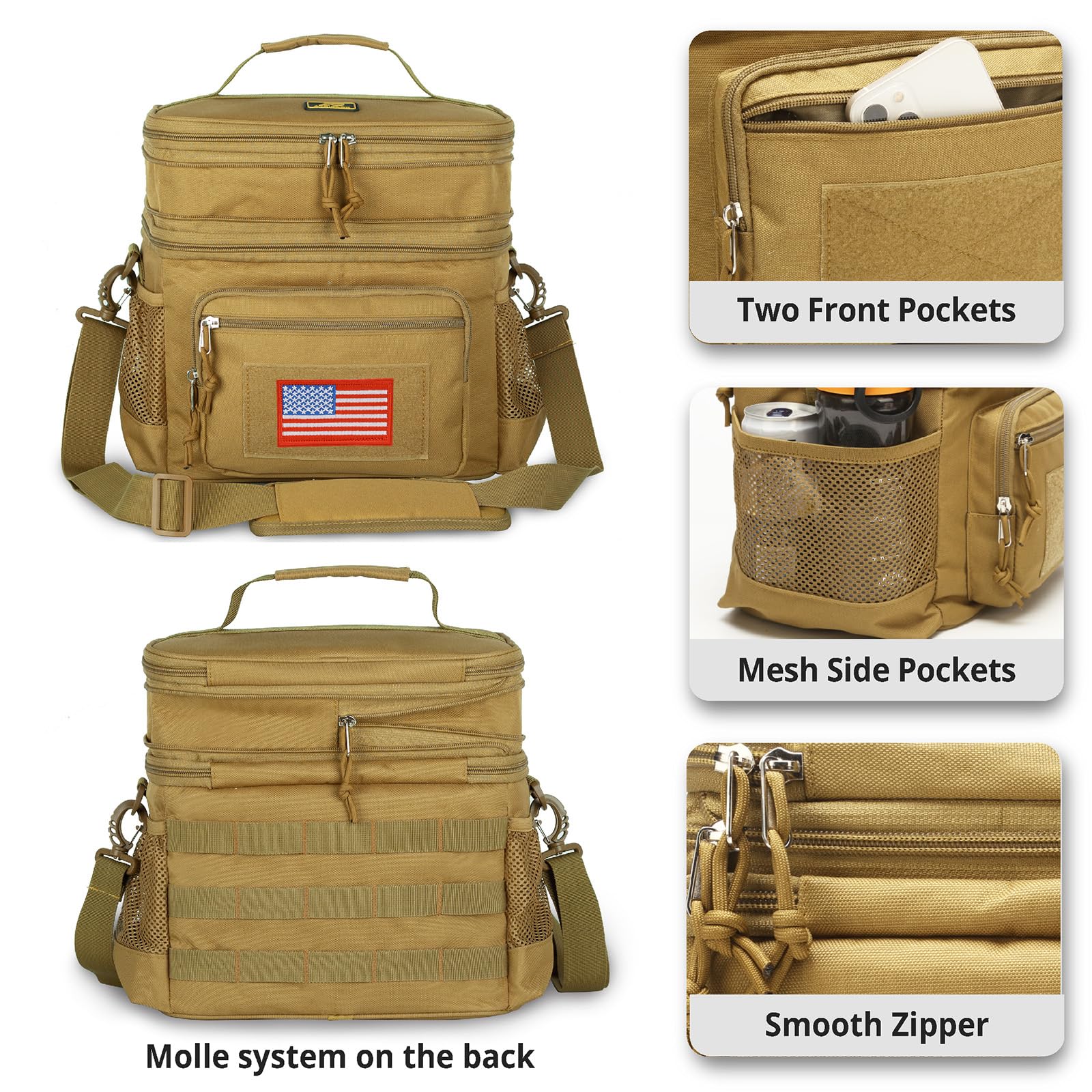 ATRIPACK Lunch Bag for Men, Double Deck Tactical Lunch Box Work with Shoulder Strap MOLLE Webbing Large Lunch Cooler Leakproof Insulated （Brown）