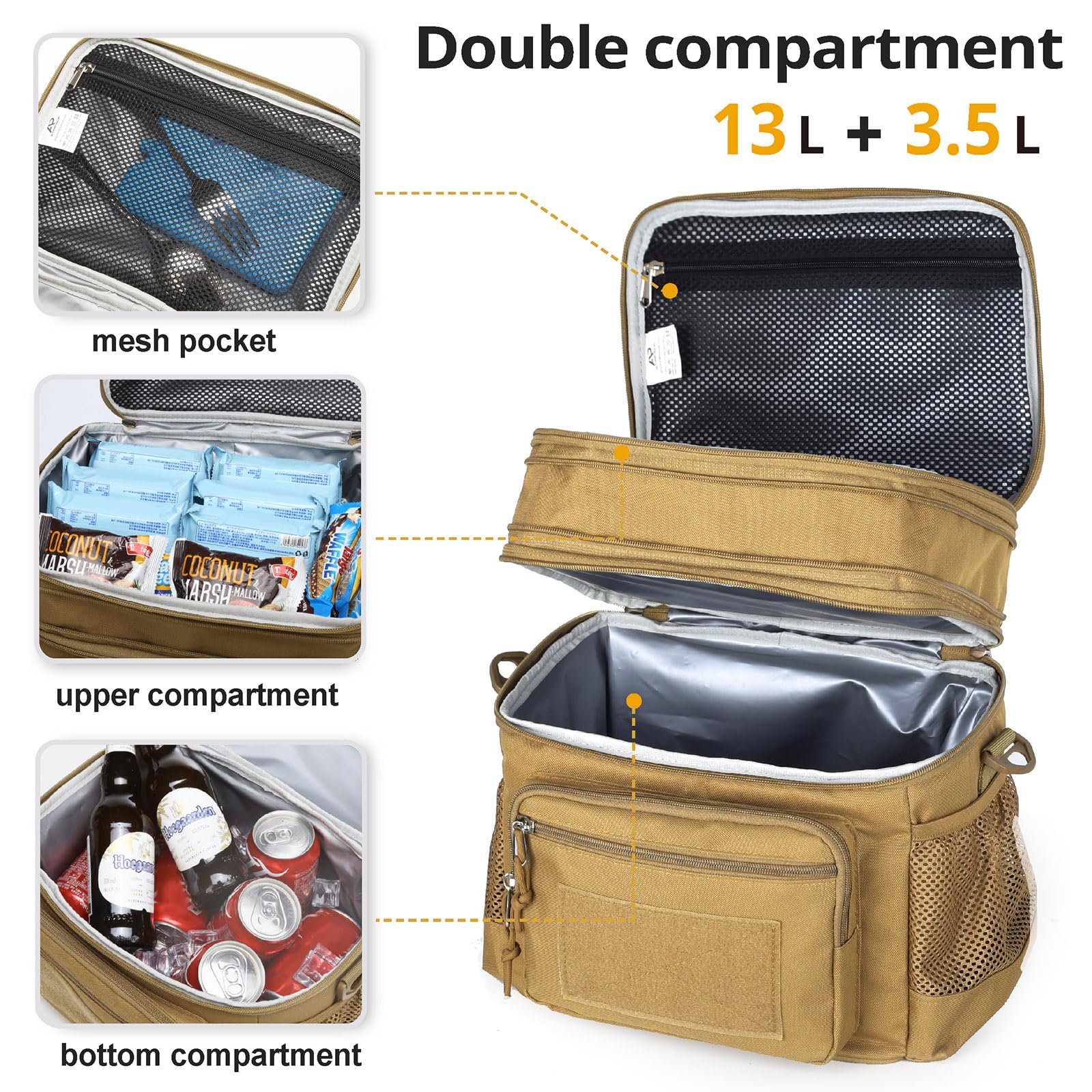 ATRIPACK Lunch Bag for Men, Double Deck Tactical Lunch Box Work with Shoulder Strap MOLLE Webbing Large Lunch Cooler Leakproof Insulated （Brown）