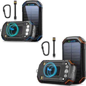 jinepin 2 pack of 36000mah solar power bank solar phone charger, built in 6 cables, wireless portable charger external battery pack with led flashlight