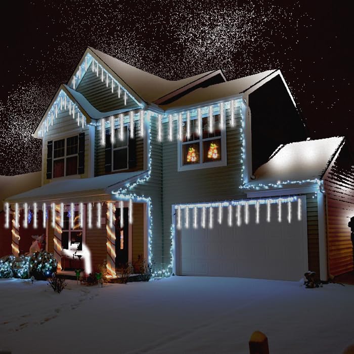 Kwaiffeo Christmas Lights Outdoor, 24 Tubes(Equivalent to 3 Sets of 8-Tubes) Meteor Shower Lights Snow Falling Icicle Lights for Xmas Tree Halloween Decoration Wedding Party Window, UL Plug, White