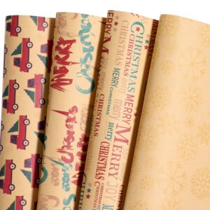 ulmasinn christmas wrapping paper kraft with snowflakes, cars and christmas trees, merry christmas for kids gifts 4 christmas elements flat 8 sheets 20 x 29 inches each