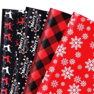 plandrichw christmas wrapping paper 12 sheets folded for kids boys girls men women gifts. red, black and white, greetings, reindeer, plaid and snowflakes, 20 x 29 inches each