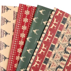 plandrichw christmas wrapping paper 12 sheets of folded brown kraft paper with red and green, greetings, snowflakes, reindeer, christmas tree elements series, 20 x 29 inches each