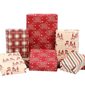 plandrichw christmas wrapping paper 12 sheets of folded brown kraft paper with red and green, greetings, snowman, plaid, stripes, christmas elements collection, 20 x 29 inches each