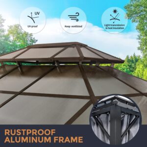 HAPPATIO 10'x 12' Outdoor Hardtop Gazebo, Polycarbonate Double Roof, Aluminum Furniture Gazebo Canopy with Netting and Curtains for Garden, Patio,Deck (Brown)