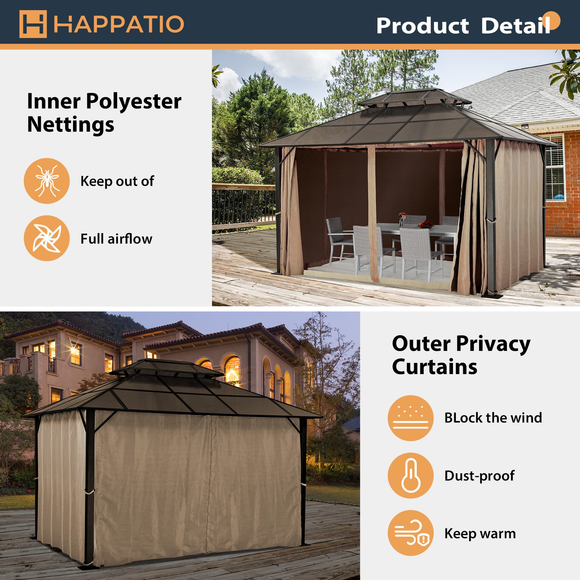 HAPPATIO 10'x 12' Outdoor Hardtop Gazebo, Polycarbonate Double Roof, Aluminum Furniture Gazebo Canopy with Netting and Curtains for Garden, Patio,Deck (Brown)