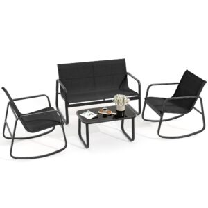 yitahome 4 piece patio furniture set, small backyard bistro rocking chairs, loveseat and glass table, textilene outdoor conversation set for lawn, garden, balcony, poolside (black)