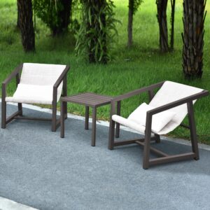 yitahome 3-piece outdoor furniture set, all-weather textile patio bistro set with pillows, small patio conversation set for balcony outside, outdoor sling chairs and side table - brown & ivory