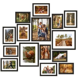 fixwal picture frames set, 15 pack black picture frames collage wall decor for assorted photos, three 8x10, six 5x7, six 4x6 for wall hanging or tabletop display