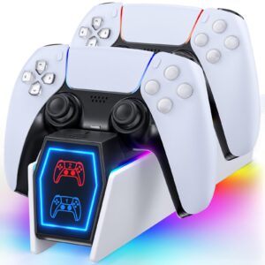 ps5 controller charger station compatible with playstation 5 skin edge & dual controller, 9 rgb led light ps5 accessories charging station, ps5 charging dock stand with led indicators & charging cable