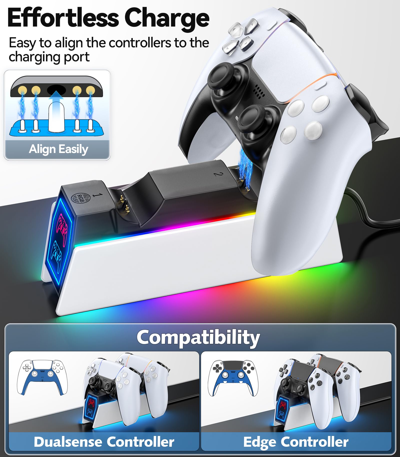 PS5 Controller Charger Station Compatible with Playstation 5 Skin Edge & Dual Controller, 9 RGB LED Light PS5 Accessories Charging Station, PS5 Charging Dock Stand with LED Indicators & Charging Cable