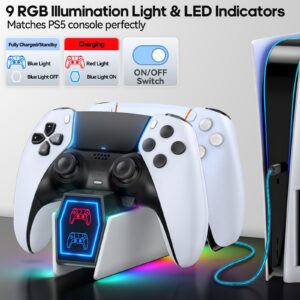 PS5 Controller Charger Station Compatible with Playstation 5 Skin Edge & Dual Controller, 9 RGB LED Light PS5 Accessories Charging Station, PS5 Charging Dock Stand with LED Indicators & Charging Cable