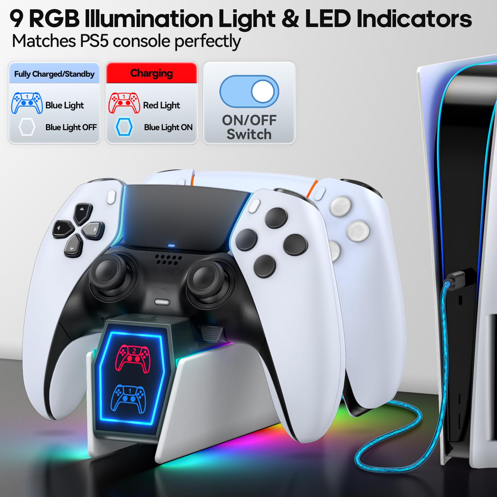 PS5 Controller Charger Station Compatible with Playstation 5 Skin Edge & Dual Controller, 9 RGB LED Light PS5 Accessories Charging Station, PS5 Charging Dock Stand with LED Indicators & Charging Cable