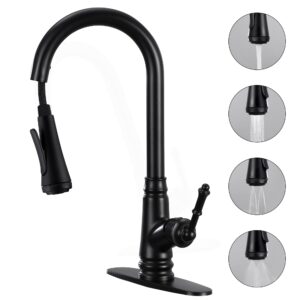 foutlq black kitchen faucets with pull down sprayer single handle, kitchen sink faucet 4-function with supply hose, single hole modern kitchen faucets