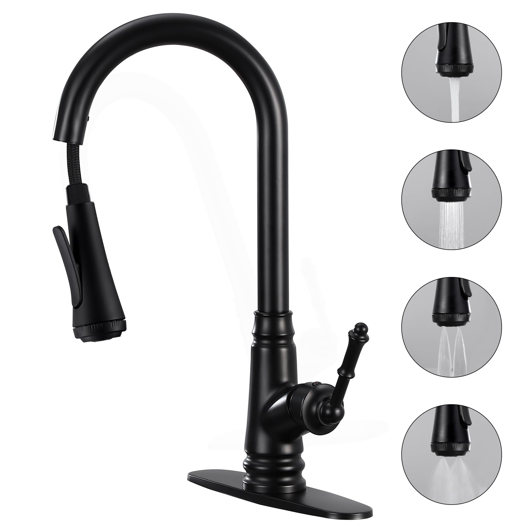 FOUTLQ Black Kitchen Faucets with Pull Down Sprayer Single Handle, Kitchen Sink Faucet 4-Function with Supply Hose, Single Hole Modern Kitchen Faucets