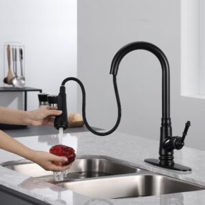 FOUTLQ Black Kitchen Faucets with Pull Down Sprayer Single Handle, Kitchen Sink Faucet 4-Function with Supply Hose, Single Hole Modern Kitchen Faucets