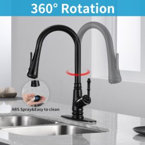 FOUTLQ Black Kitchen Faucets with Pull Down Sprayer Single Handle, Kitchen Sink Faucet 4-Function with Supply Hose, Single Hole Modern Kitchen Faucets