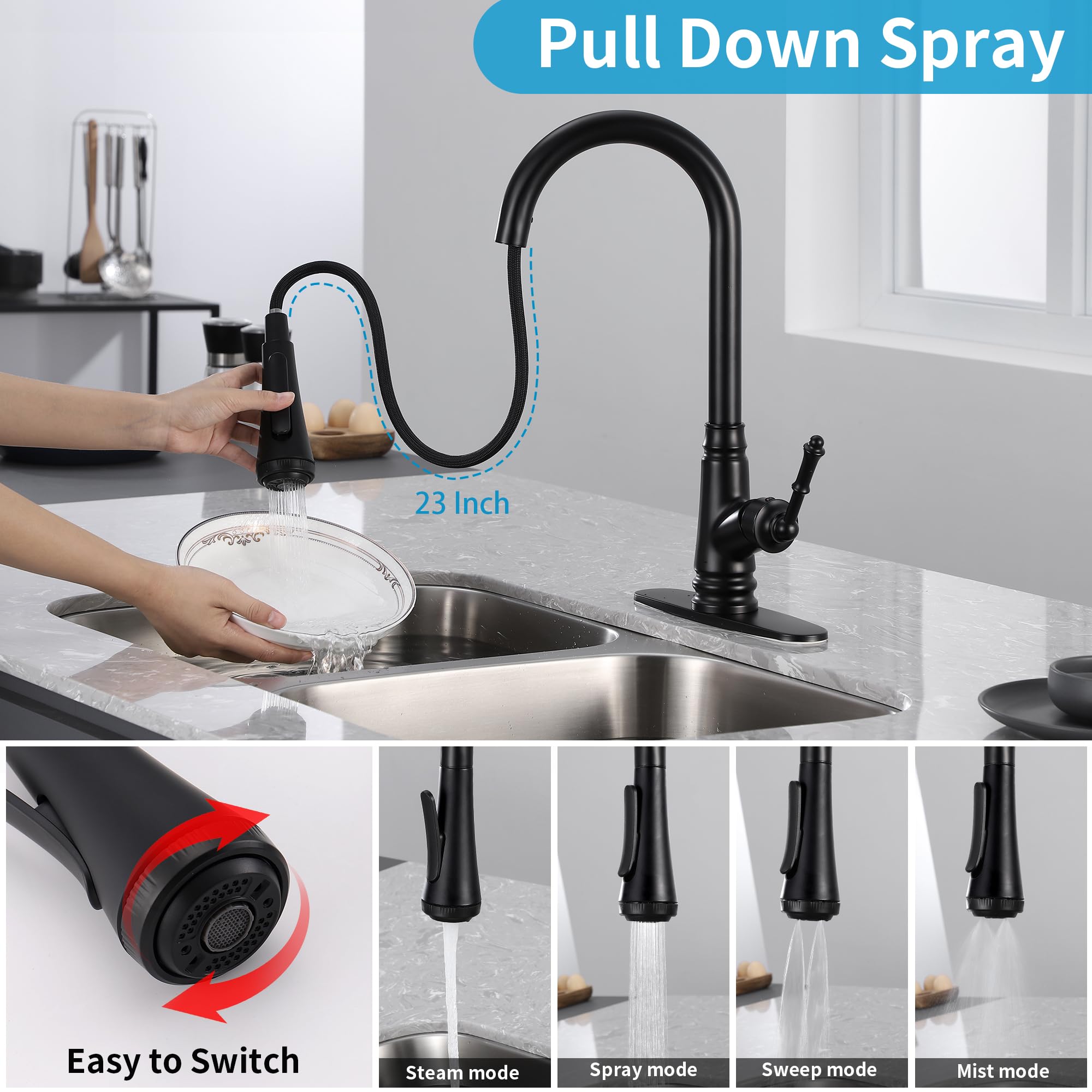 FOUTLQ Black Kitchen Faucets with Pull Down Sprayer Single Handle, Kitchen Sink Faucet 4-Function with Supply Hose, Single Hole Modern Kitchen Faucets