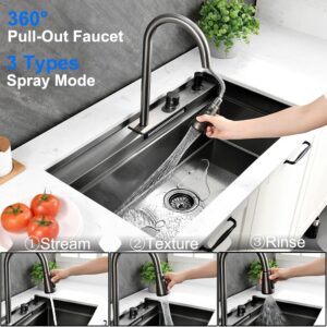 33 Inch Black Undermount Kitchen Sink Waterfall Workstation, BoomHoze 33x19 Waterfall Kitchen Sink Dual Mount Workstation Sink 16 Gauge Black Stainless Steel with Multifunctional Faucet