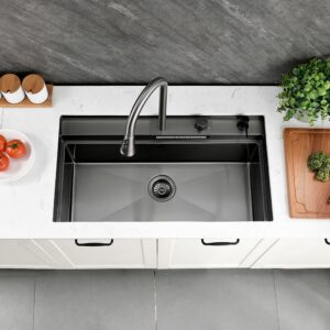 33 Inch Black Undermount Kitchen Sink Waterfall Workstation, BoomHoze 33x19 Waterfall Kitchen Sink Dual Mount Workstation Sink 16 Gauge Black Stainless Steel with Multifunctional Faucet