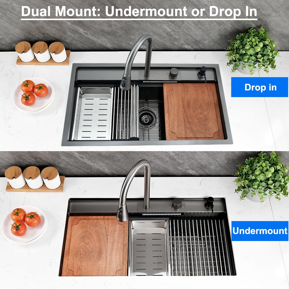 33 Inch Black Undermount Kitchen Sink Waterfall Workstation, BoomHoze 33x19 Waterfall Kitchen Sink Dual Mount Workstation Sink 16 Gauge Black Stainless Steel with Multifunctional Faucet