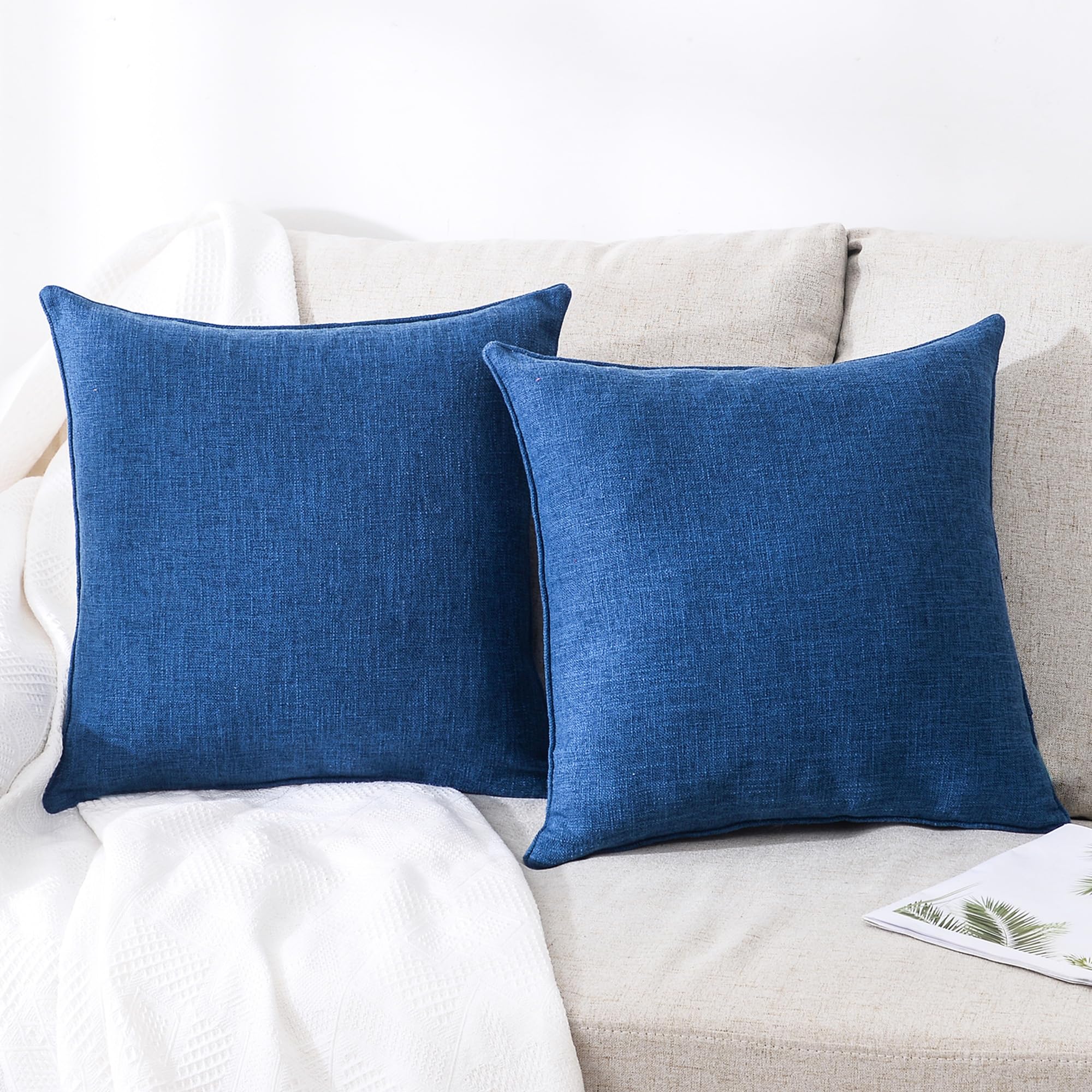 THOHAG Set of 2 Throw Pillow Covers 18 x18 inches, Soft Linen Cushion Covers, Square Decorative Solid Couch Pillows Covers for Sofa Living Room, Navy Blue