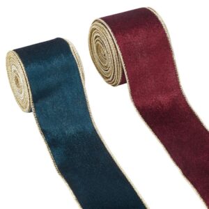 webeedy 2 rolls christmas velvet ribbon red green velvet gold trim wire edge ribbon for home decor gift wrapping christmas diy crafts, 20 yards in total