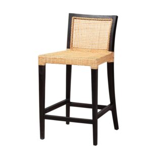 baxton studio lingga dark brown mahogany wood and natural rattan counter stool