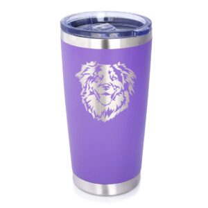 australian shepherd face - insulated coffee tumbler cup with sliding lid - stainless steel insulated mug - unique dog themed decor and gifts for moms & dads of aussies - purple