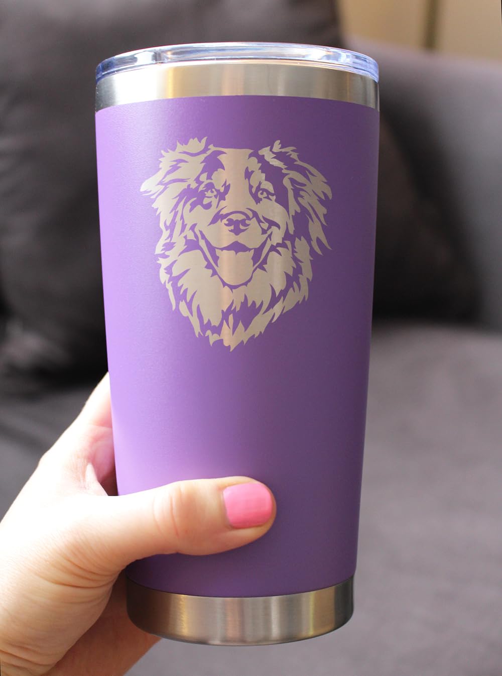 Australian Shepherd Face - Insulated Coffee Tumbler Cup with Sliding Lid - Stainless Steel Insulated Mug - Unique Dog Themed Decor and Gifts for Moms & Dads of Aussies - Purple