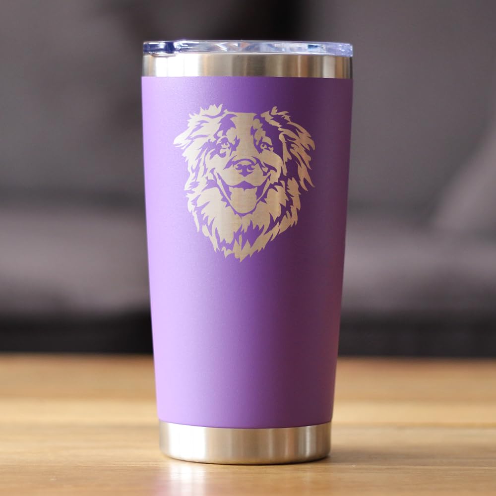 Australian Shepherd Face - Insulated Coffee Tumbler Cup with Sliding Lid - Stainless Steel Insulated Mug - Unique Dog Themed Decor and Gifts for Moms & Dads of Aussies - Purple