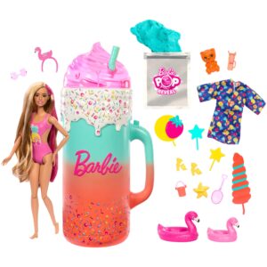 barbie pop reveal doll & accessories, rise & surprise fruit series gift set with scented doll, squishy scented pet, color change, moldable sand & more, 15+ surprises